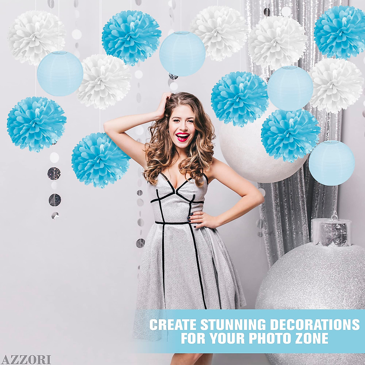 15Pcs Blue Pom Pom Decorations - Blue and White Pom Poms Flowers Decoration Blue Tissue Paper Lanterns Party Decorations - Light Blue Tissue Paper Flowers Decorations Birthday Decorations for Women