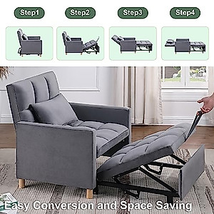 HANLIVES 3-in-1 Single Convertible Chair Bed,Sleeper Sofa Chair Bed with Pillow,Multi-Functional Sleeper Chair with Adjustable Backrest,pullout Sofa Bed with Velvet Fabric for Apartment(Grey)