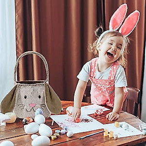 THOVSMOON Easter Bunny Basket,Cute Easter Bucket Bags with Rabbit Ears for Easter Eggs Hunting,Easter Decorations,Candy Gifts Storage (Brown/White)