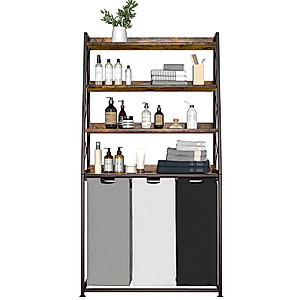 Herture Laundry Basket, 3 Section Laundry Hamper with 4 Tiers Shelf, Pull-Out and Removable Laundry Bags, Large 3 x 15.87 Gallons, for Laundry Room Bathroom Rustic Brown PF05XLN