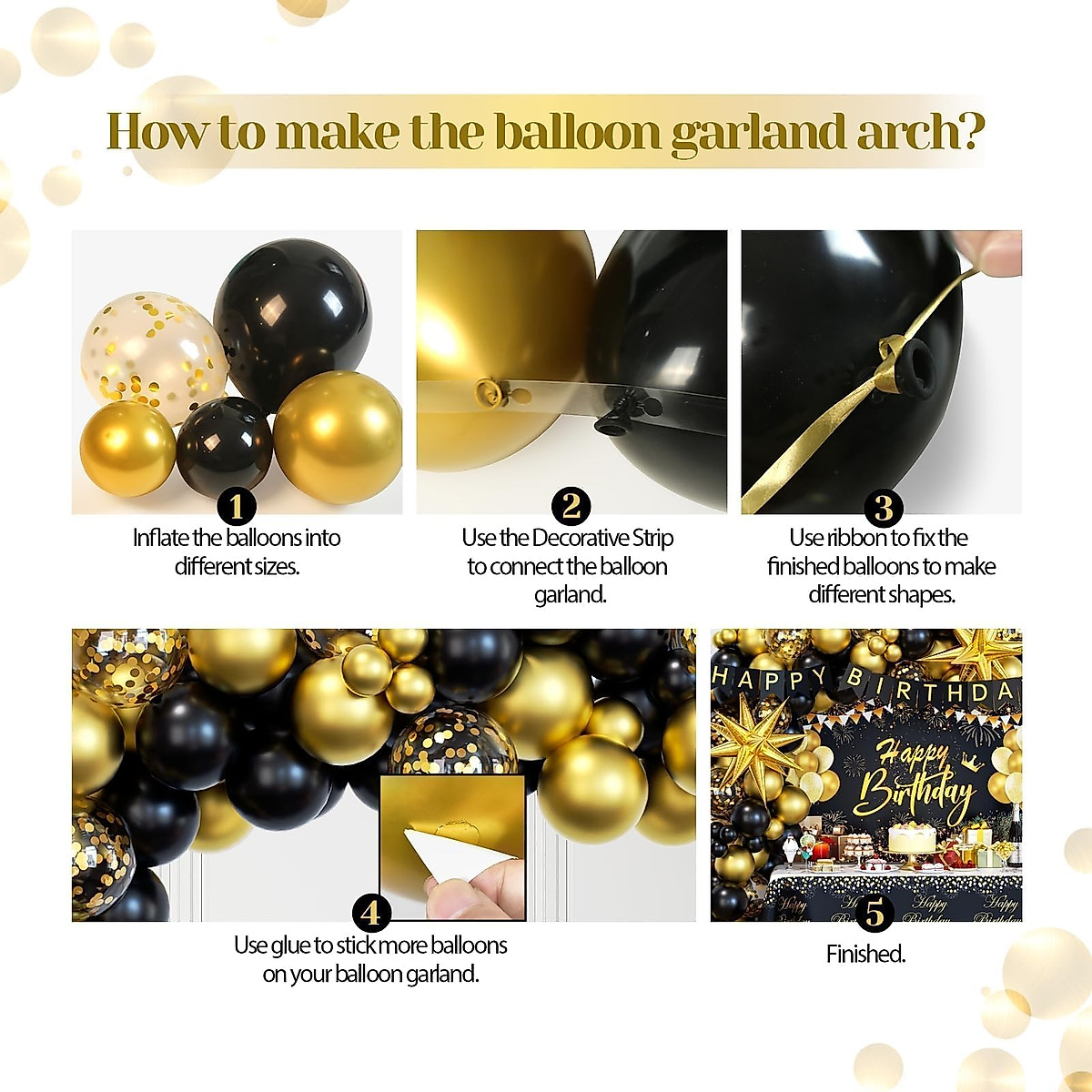 Black and Gold Birthday Decorations for Men Women, 71pcs Black and Gold Party Decorations with Backdrop, Tablecloth, Gold Foil Balloons, Banner, Balloon Arch for Birthday Party Decorations