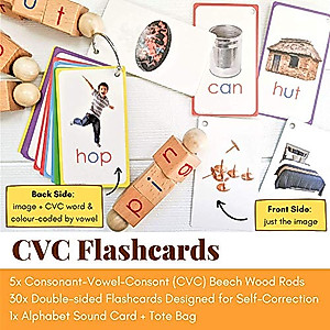 LITTLE BUD KIDS Spin-and-Read Montessori Phonetic Reading Blocks and CVC Phonics Wooden Toy Set for Beginner Readers