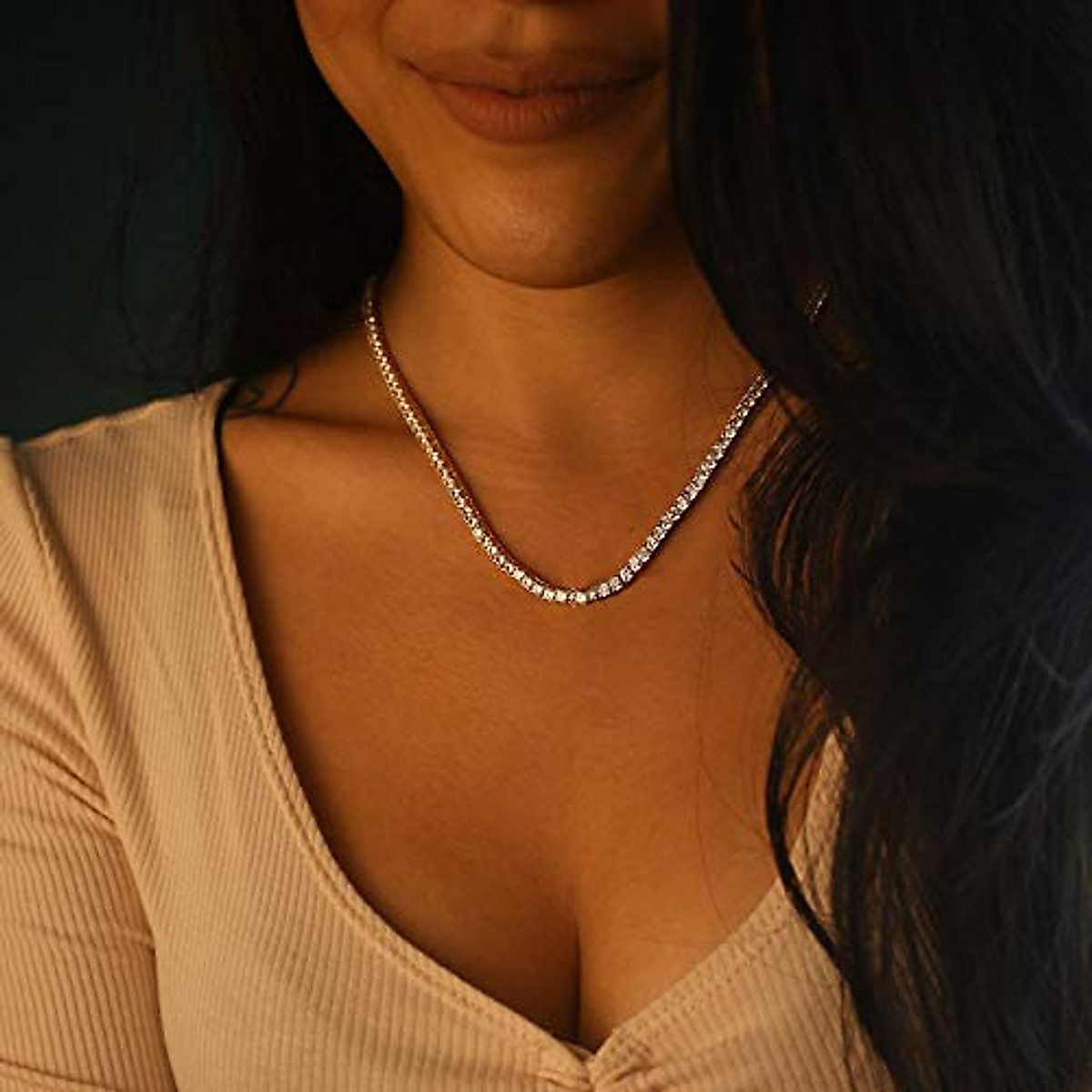 JINAO 18K Gold Plated 1 Row 4MM Rhinestone Iced Out Cubic Zircon Hiphop Tennis Necklace 20"