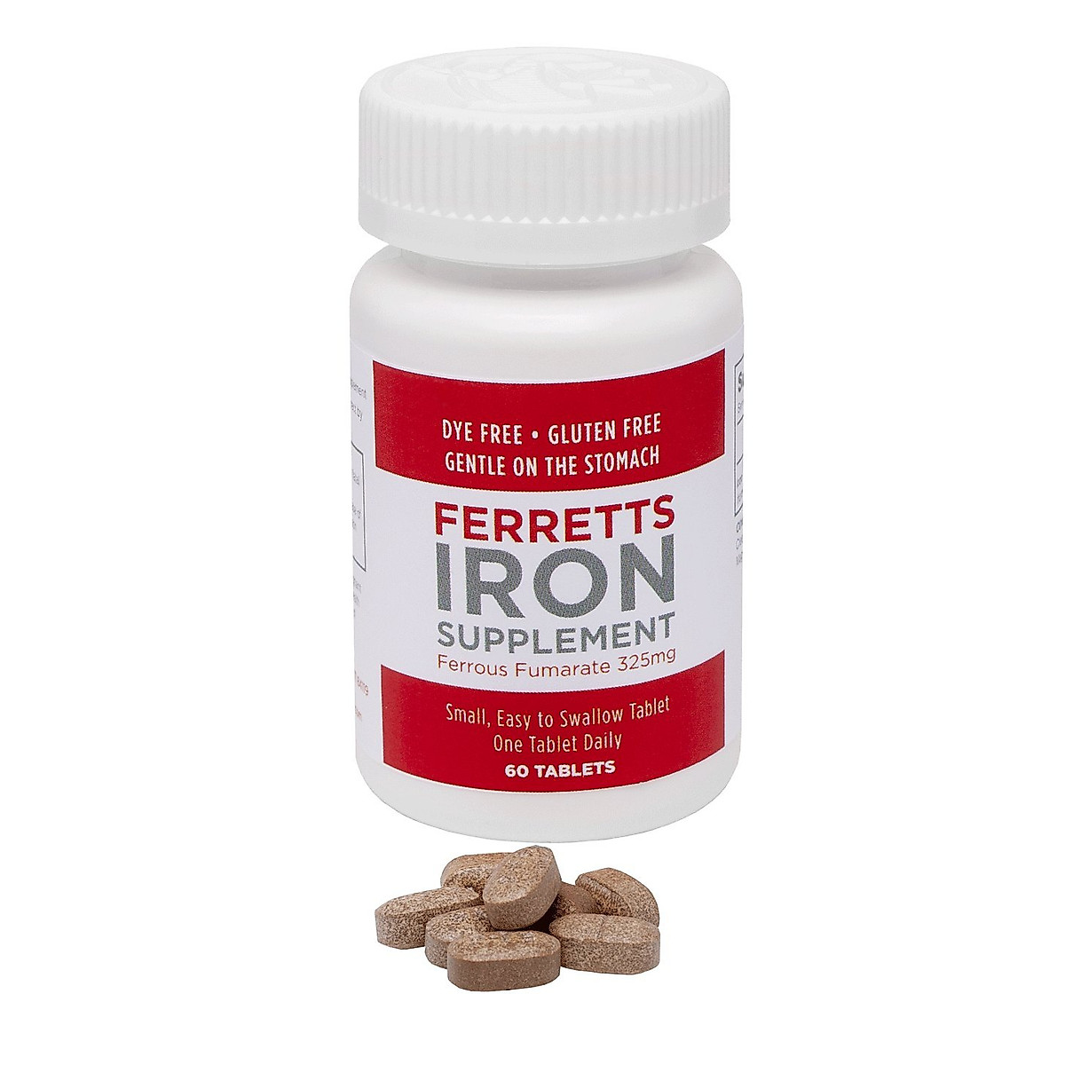 Ferretts Iron Tablets 106mg (325mg Ferrous Fumarate) - 60 Day Supply of High Potency Iron Supplements for Women & Men - Gentle & Non-Constipating Iron Supplements for Anemia - 60 Iron Pills Per Bottle