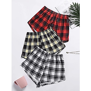 Verdusa Women's Plaid Print Elastic Waist Pajama Bottom Sleepwear Lounge Short Red Black White S