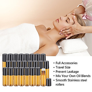 Easytle Essential Oil Roller Bottles, 24 Pack Amber Glass Roller Bottles 5ml, Roller Balls for Essential Oils, Roll on Bottles (96 Pieces Labels, 4 Funnels, 4 Dropper, 2 Opener)