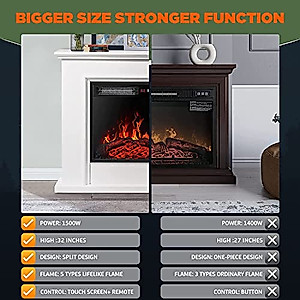 BOSSIN 32" Electric Fireplace Mantel with 18 inch 1500W Electric Fireplace Insert, Package Freestanding Fireplace Heater,White Wooden Firebox Faux Log & Led Flames, Touch Screen &Remote Control