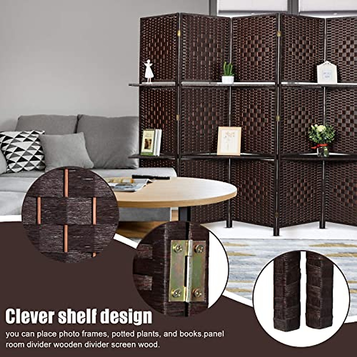 Maxhonor 6 Panels Room Divider, 6 FT Tall&Extra Wide Weave Fiber Room Divider with 2 Shelved, Double Hinged,Folding Privacy Screens, Freestanding Room Dividers (Coffee)