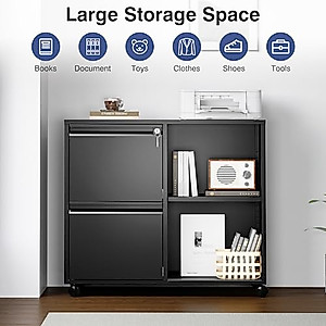 LISSIMO Lateral File Cabinet,2 Drawer Mobile Storage Cabinet with Lock fits A4 or Letter Size for Home Office,Rolling Printer Stand with Open Storage Adjustabl Shelves(Black)