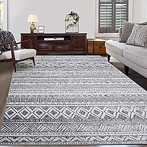 COZYLOOM 8x10 Large Area Rug Vintage Moroccan Rug Indoor Floor Cover Boho Geometric Area Rug Grey Thin Rug Chenille Mat Distressed Carpet Washable Living Room Bedroom Dining Room Foldable Accent