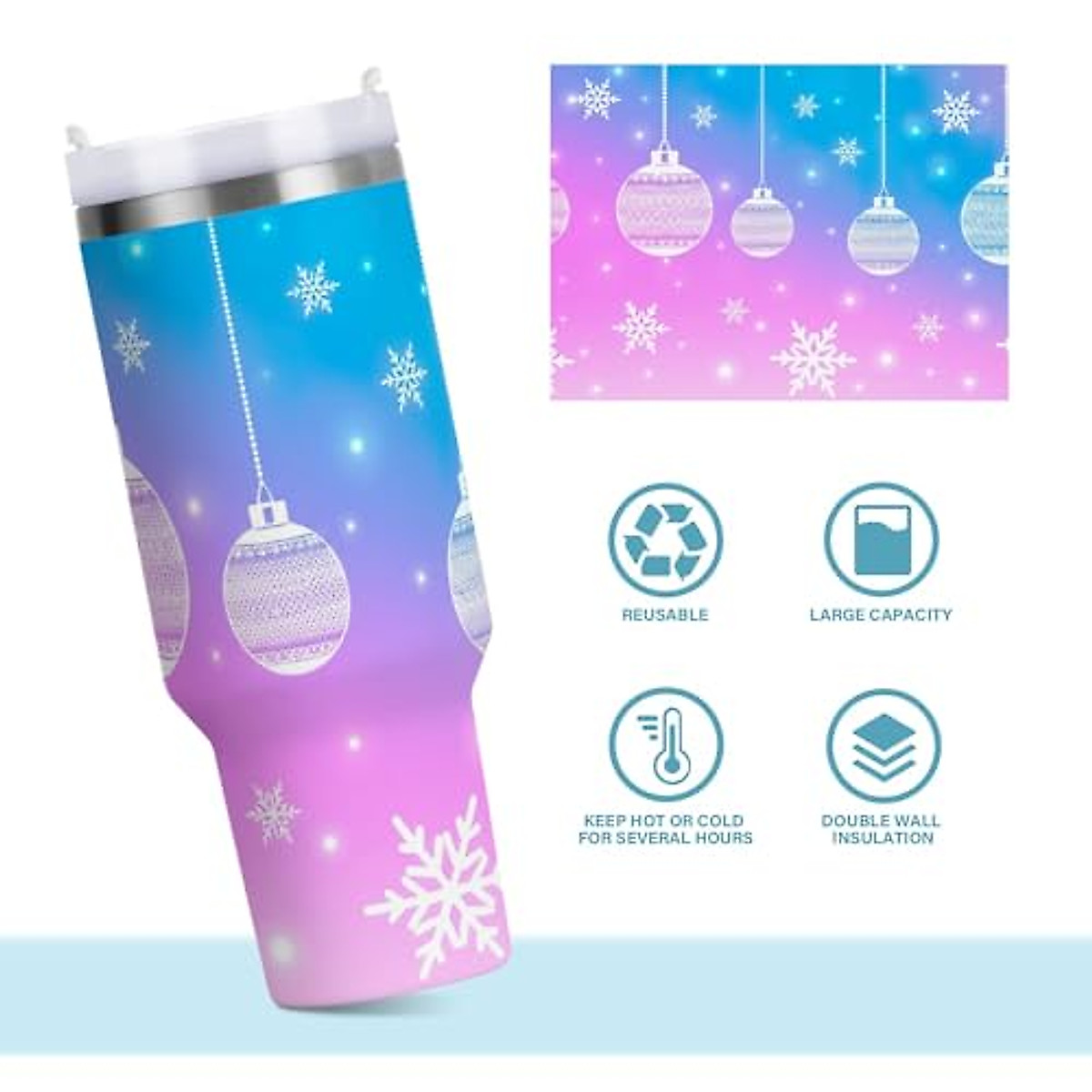 Insulated Stainless Steel Tumblers 40 Oz with Handle and Straw Lid, Christmas Snowflakes Design Insulated Travel Tumbler