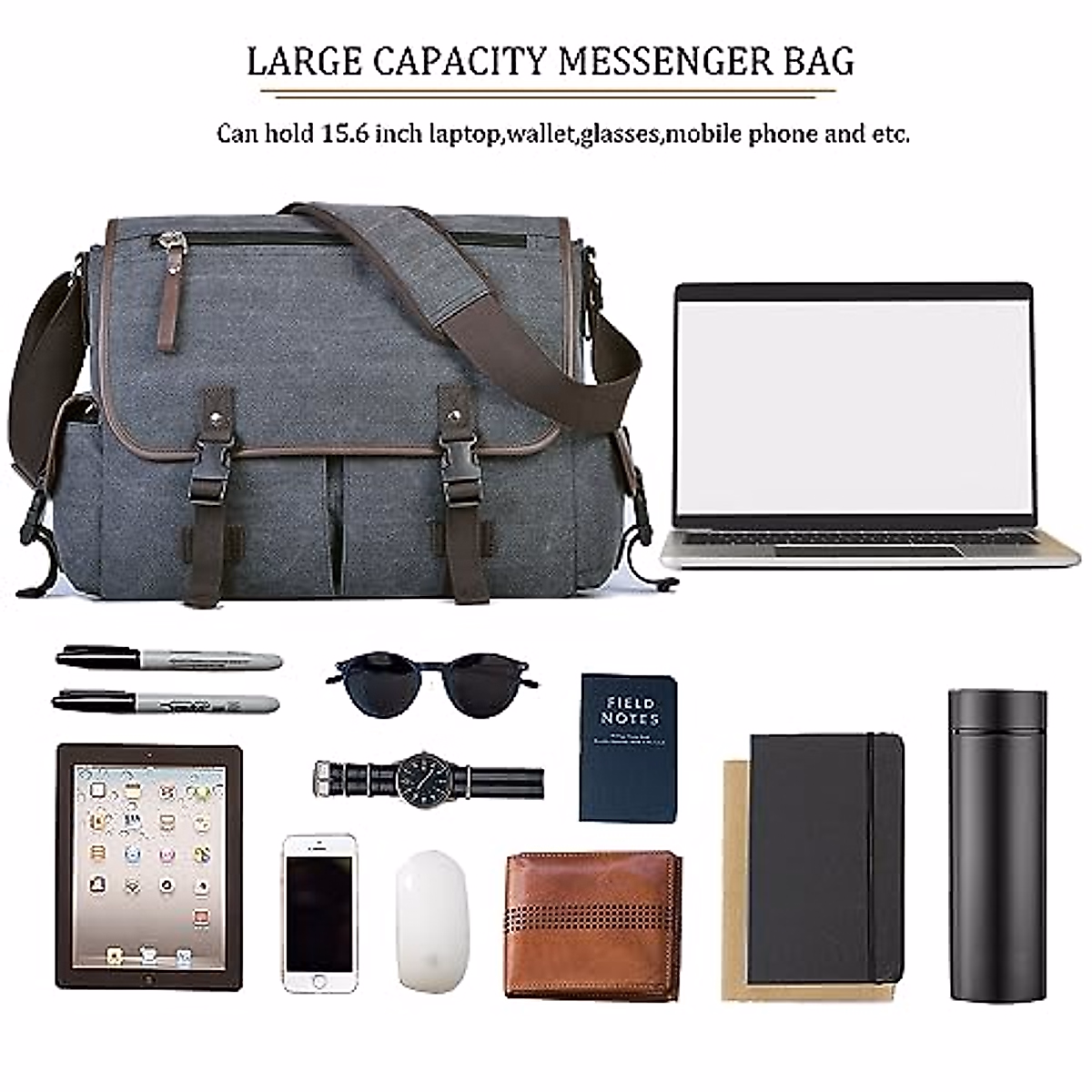 Vintage Canvas 15.6 inch Laptop Messenger Bag for Men Women, College Computer Satchel Shoulder Bag Travel Office Briefcases (Black - 2)