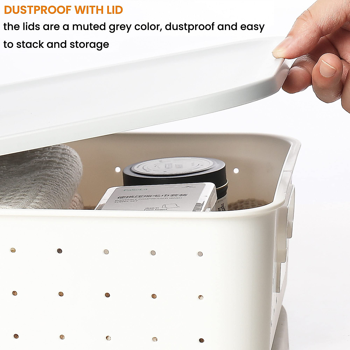 vacane Large Plastic Storage Baskets with Snap Lid, Extremely Durable, Storage Baskets for Organizing Stackable Storage Box with Handle for Closet Office, 14 x 10 x 8 inch, White