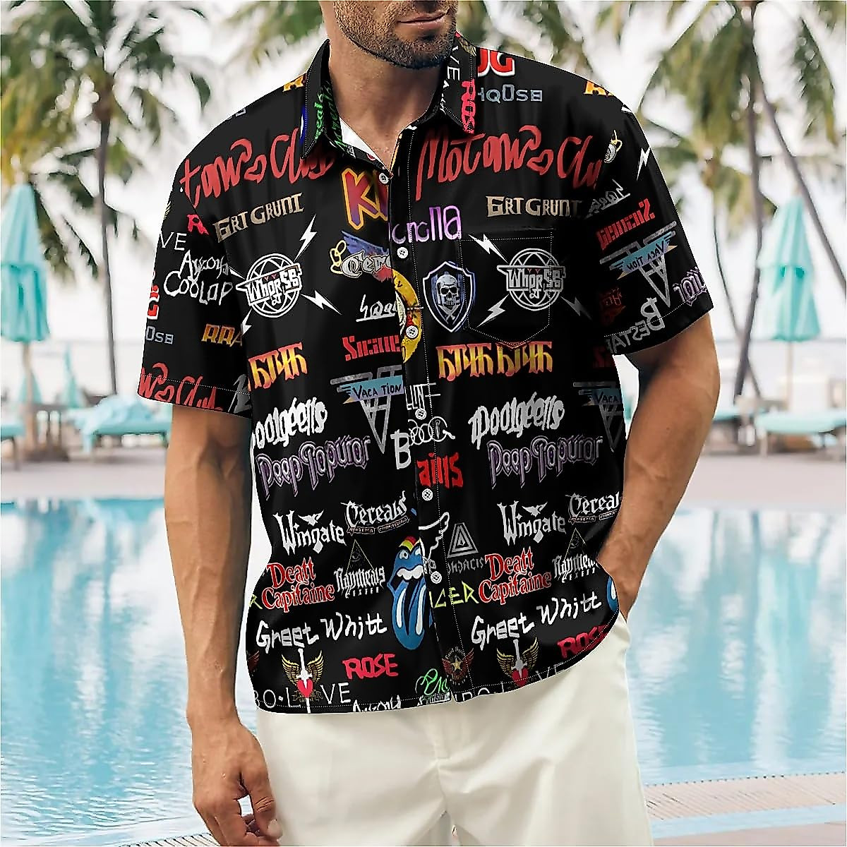 Bhlounplo Button Down Shirt Men Rock and Roll Punk Print Pocket Lapel Hawaiian Casual Loose Short Sleeve Shirt-Black-2-XXXL