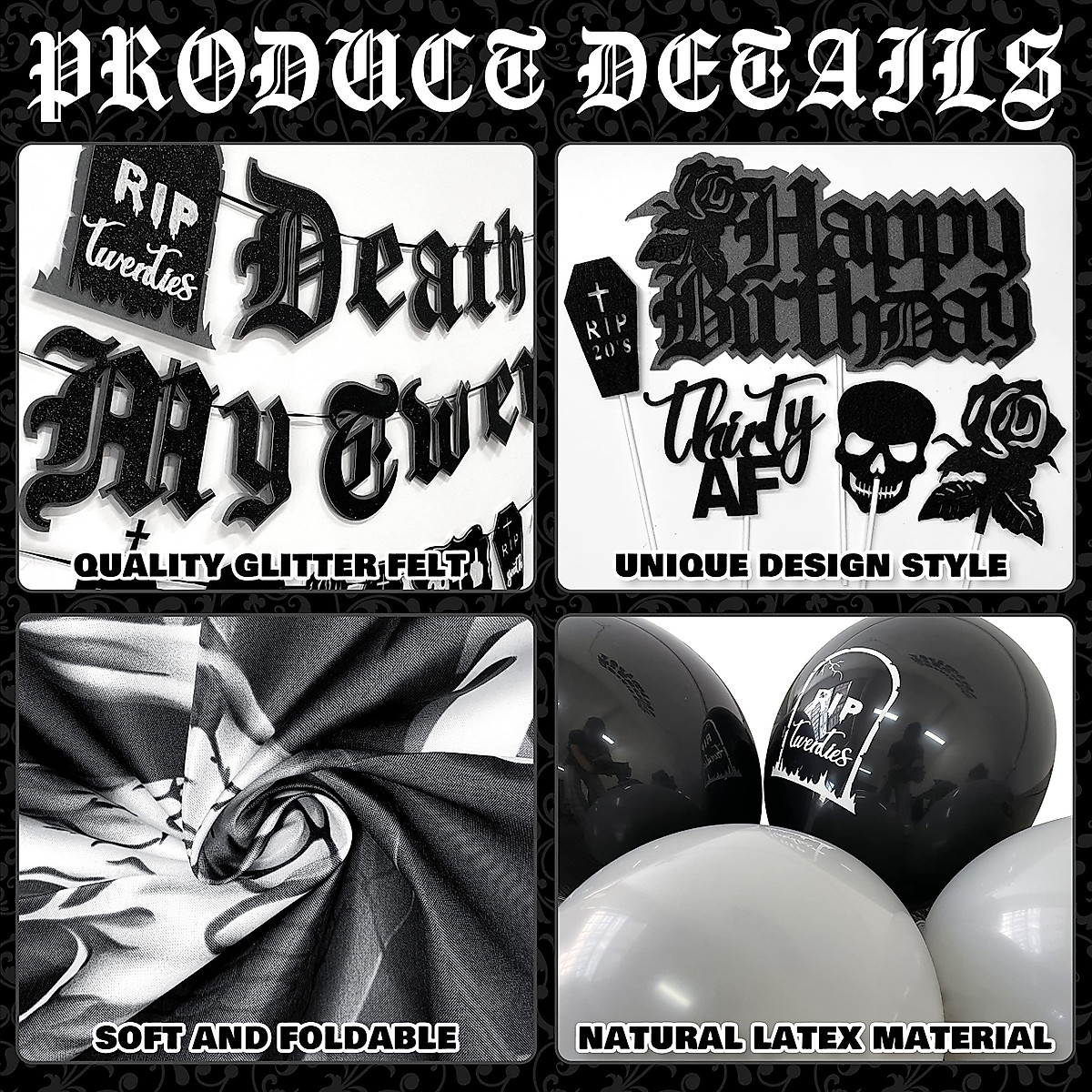 WHYMEO 30th Birthday Party Decorations Pack 97Pcs,Death to My 20s Supplies Including Banner Garland Backdrop Tablecloth Rip Sash Cake Toppers Balloon Set for Funeral Youth Funny Thirtieth Party,Black