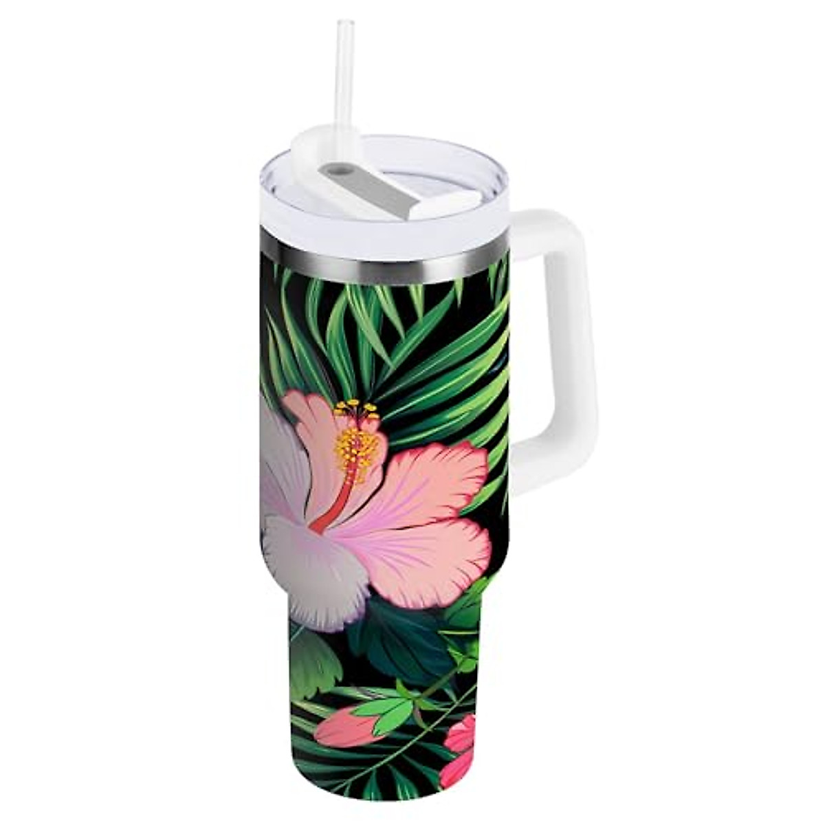 Burbuja Hibiscus Flowers 40oz Insulated Tumblers with Handle and Straw Lid, Double Wall Stainless Steel Travel Mug Leak-Proof, BPA Free, Gift for Mom Dad