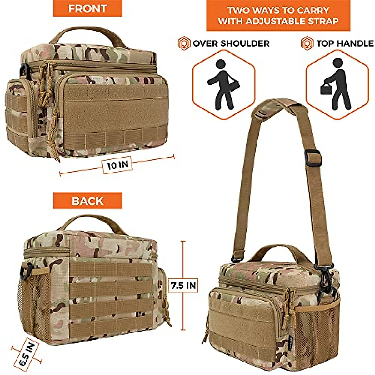OPUX Tactical Lunch Box for Men, Insulated Lunch Bag for Adult, Large Lunch Cooler with MOLLE, Mesh Side Pockets for Office, Meal Prep (Camo)