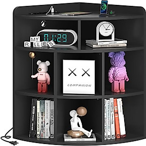Vecelo 3-Tier Corner Cabinet with USB Outlet, 8 Cubbies Wooden Cube Storage Organizer, Corner Bookshelf Units for Playroom, Bedroom, Living Room, Black