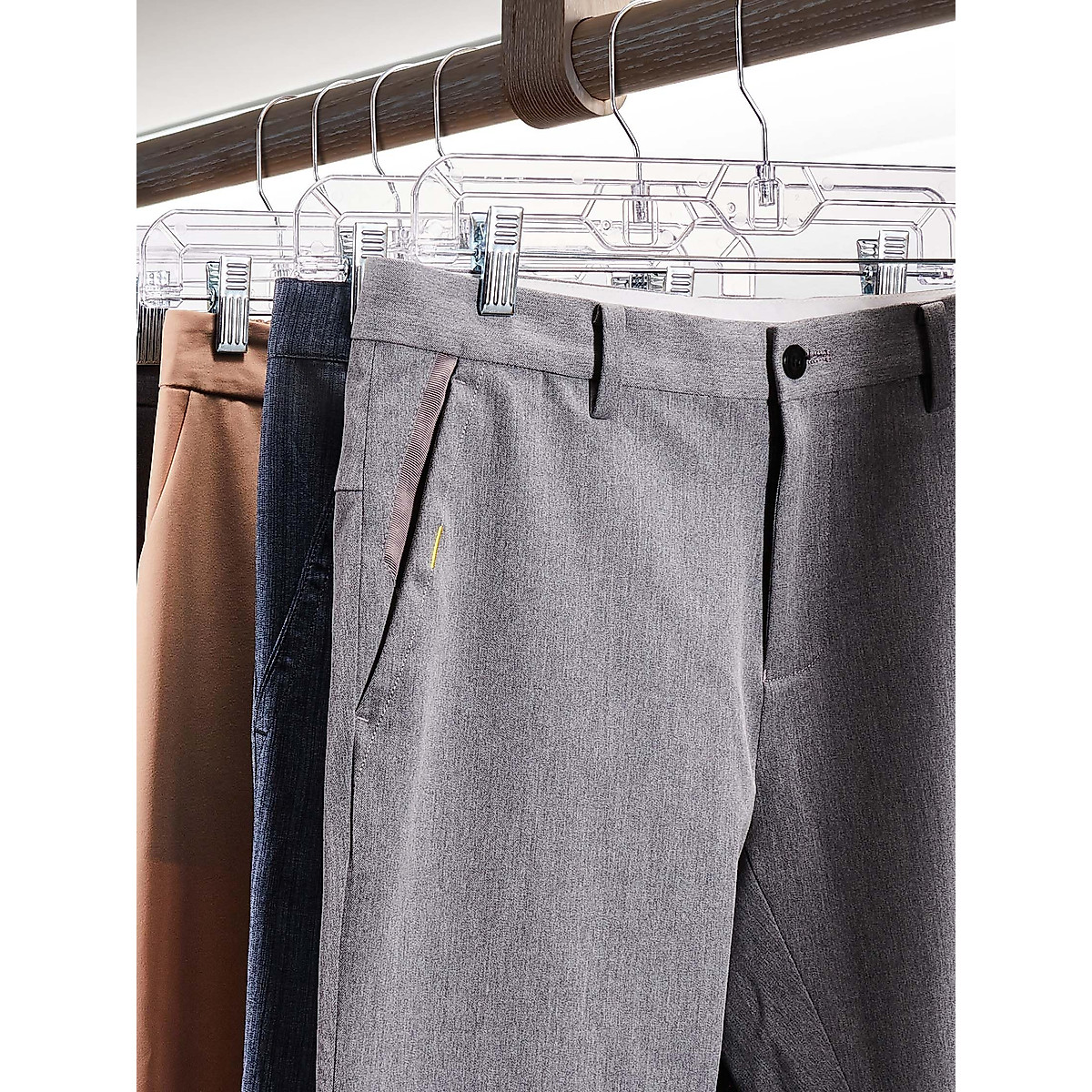 HOUSE DAY Clear Skirt Hangers with Clips, Non-Slip Plastic Pant Hangers with Adjustable Clips, Slim Clip Hangers for Pants, Skirts, Shorts, 14" Clear Hangers 10 Pack, 360-Rotating Swivel Hook