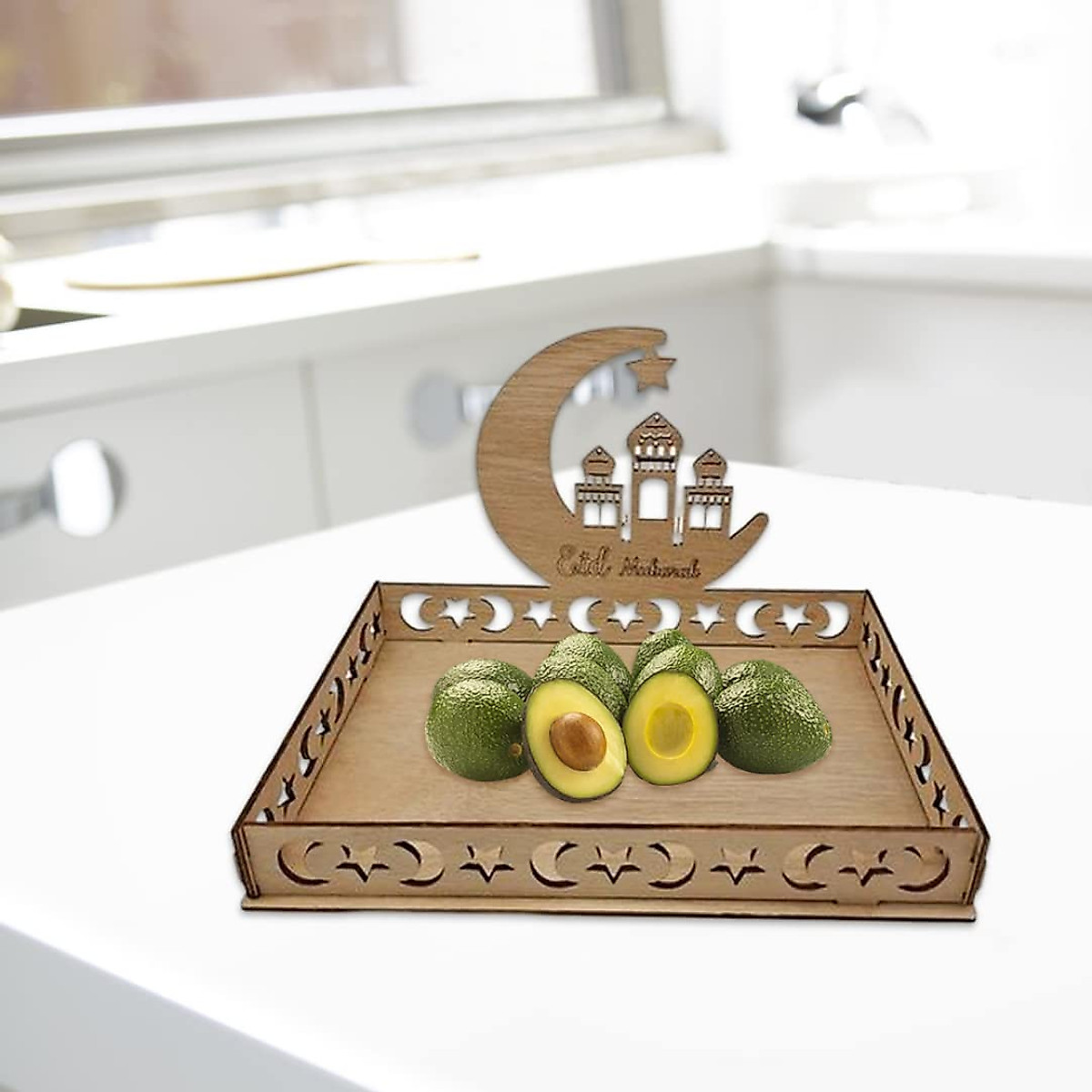 Ramadan Mubarak Fruit Racks,Eid Tray Ramadan Serving Tray Wooden Star Moon Dessert Pastry Tray Eid Tableware for Food Holder 2PCS Islamic Gifts