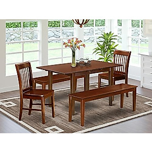 East West Furniture NOFK5C-MAH-W 5 Piece Dining Set Includes a Rectangle Dining Table with Butterfly Leaf and 2 Kitchen Chairs with 2 Benches, 32x54 Inch, Mahogany