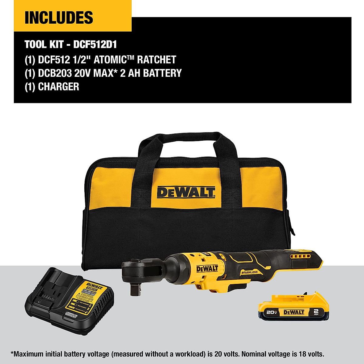DEWALT ATOMIC 20V MAX* Brushless 1/2 in. Ratchet Kit (DCF512D1)