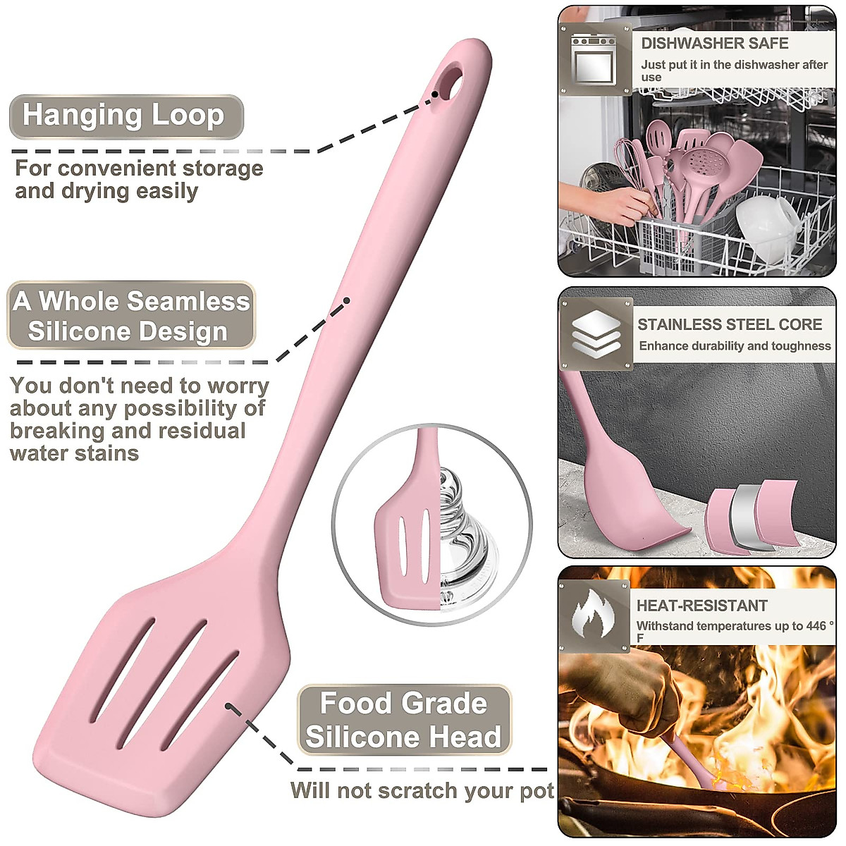 Silicone Cooking Kitchen Utensil Set, AIKKIL 43 Pcs Pink Cooking Utensils Set, Turner, Tongs, Spoon, Spatula, Kitchen Gadgets Tools Set For Nonstick Cookware, Heat Resistant (Dishwasher, BPA Free)