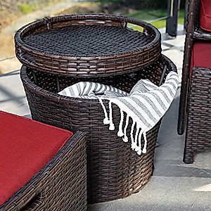 Best Choice Products 5-Piece Outdoor Patio Furniture Set, No Assembly Required Wicker Conversation Bistro & Storage Table for Backyard, Porch, Balcony w/Space-Saving Design - Brown/Red