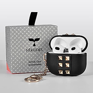 Nereides Compatible with AirPods 3 Case, Protective Leather Cover with Keychain, High-end Fashion Design Skin with Bling Rivets for Women, Supports Wireless Charging, Black
