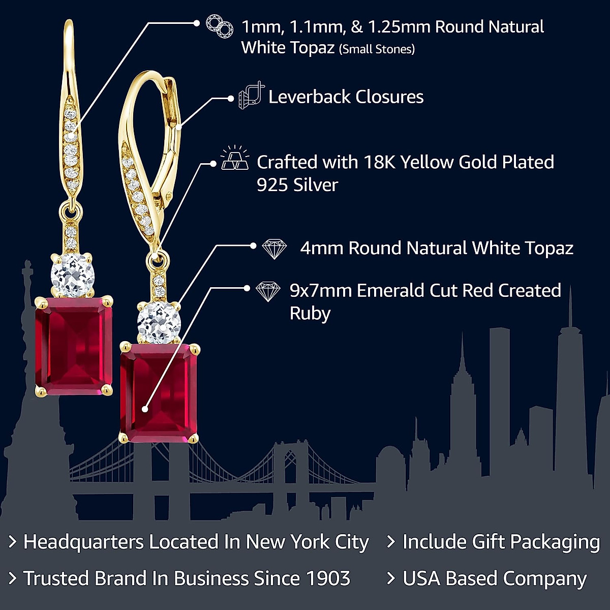 Gem Stone King 18K Yellow Gold Plated Silver Red Created Ruby and White Topaz Dangle Earrings For Women (6.26 Cttw, Gemstone July Birthstone, Emerald Cut 9X7MM)