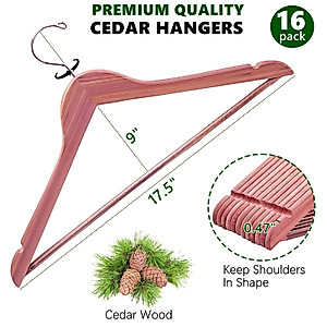 Amber Home 16 Pack American Red Cedar Hangers, Smooth Finish Wood Coat Hangers for Suit Shirt, Aromatic Cedar Clothes Hangers with Swivel Hook & Notches for Dress, Jacket, Pants (Cedar,16)