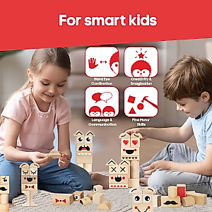 kipod Wooden Building Blocks Set for Kids (80Pcs) – Preschool Blocks Stacking Game – Construction and Matching for Emotional Development and Fine Motor Skills - Montessori Toy 2-8 Years