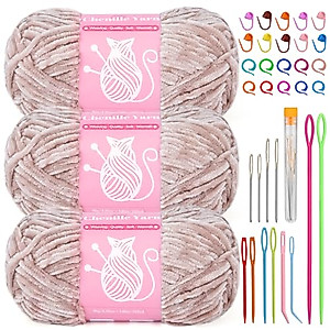 LUNARM Chenille Velvet Yarn, Yarn for Crocheting Knitting with Big Eye Needles, Handcrafts Weaving Soft Chenille Yarn for Making Blankets, Clothes, Pattern Knitting-3*3.35oz,3*162yds (Light Khaki)