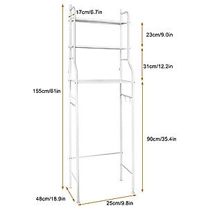 Over The Toilet Storage Rack,3-Tier Industrial Bathroom Storage Shelf With Steel Frame Above Toilet Storage Shelf Floor Free Standing Anti-Tilt Metal Frame Shelf Organizer Bathroom Furniture,White