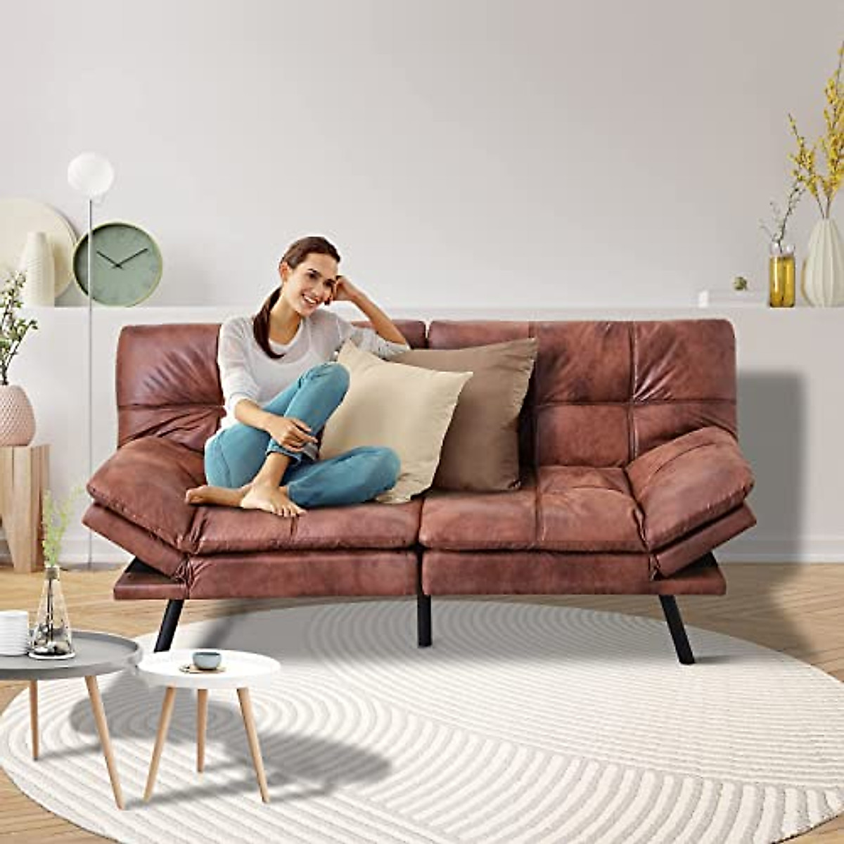 Opoiar Modern, Bed Sleeper, Futon, Memory Foam Couch Convertible Loveseat for Living Room, Apartment Sofas, Brown