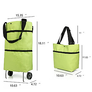 2 in 1 Foldable Shopping Carts for Groceries with Wheels, Waterproof Large Folding Expandable Shopping Bag, Collapsible Washable Cart Grocery Bags Tote Bag Green