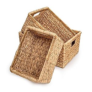 LiLaCraft Natural Storage Baskets for Organizing, Wicker Cubby Storage Bins, Water Hyancinth, Rope Woven Baskets for Storage with Carrying Handles Decor (Set 3 S,M,L)