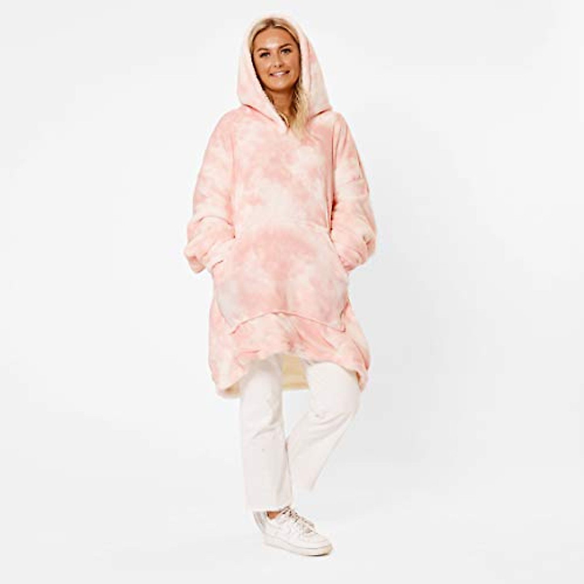 Dreamscene Tie Dye Pastel Hooded Hoodie Blanket Oversized Pullover Soft Sherpa Fleece Comfy Wearable Blanket Throw Giant Sweatshirt for Girls Teens Women Adults, One Size - Blush Pink