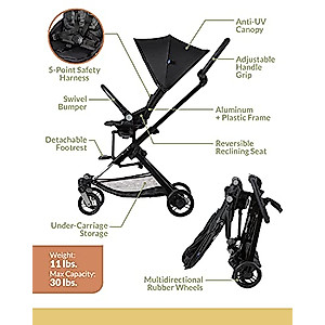 Unilove On The Go 2-in-1 Lightweight and Frame Stroller with Reversible Toddler Seat, Bubble Black