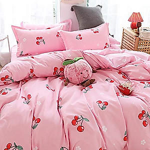 LAMEJOR Duvet Cover Set Queen Size Red Cherry/Floral Pattern Reversible Luxury Soft Bedding Set Comforter Cover (1 Duvet Cover+2 Pillowcases) Pink