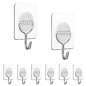 Diesisa Adhesive Wall Hooks Sticky Hooks for Hanging, 8 Packs Adhesive Hooks Reusable Seamless Wall Hook for 13Lb(Max) for Kitchen Bathroom Ceiling - Clear
