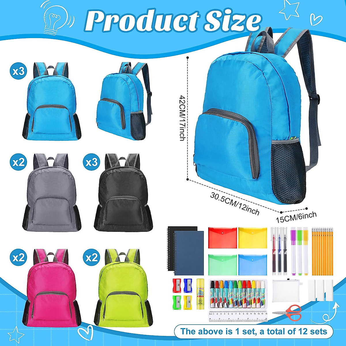 Colarr 17 Inch School Backpacks Supplies Kit Back to School Supplies Bundle 12 Pack Backpacks Bulk and 360 Pieces School Supply for School Student Donation Activity