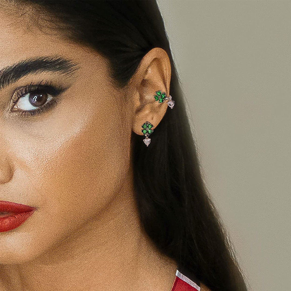 Sonateomber Sparkly Green Clover Leaf Small Gold Huggie Earrings for Women - Cute Heart Cubic Zirconia, Drop Dangle Circle Hoop Girl Cartilage Jewelry Gift