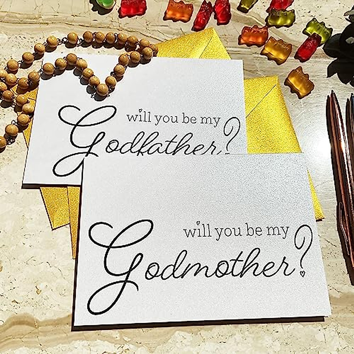 Will you be my Godparents (Godmother and Godfather) - God Parents Proposal Cards in Black-and-White Lettering, with Golden Shimmer Envelopes (Set of 2 cards) (Godmother & Godfather)