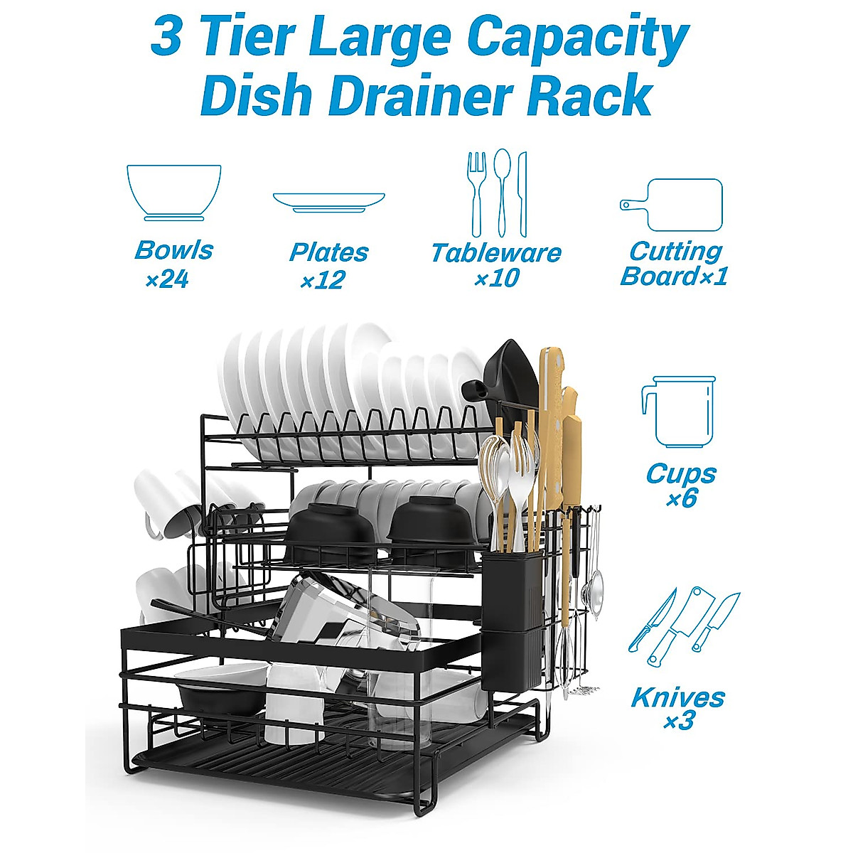 3 Tier Dish Drainer Rack for Kitchen Counter, Large Capacity Dish Drying Rack with Drainboard,Cup Holder,Cutting Board Rack and Cutlery Holder,Detachable Stainless Steel Dish Drying Rack for Kitchen