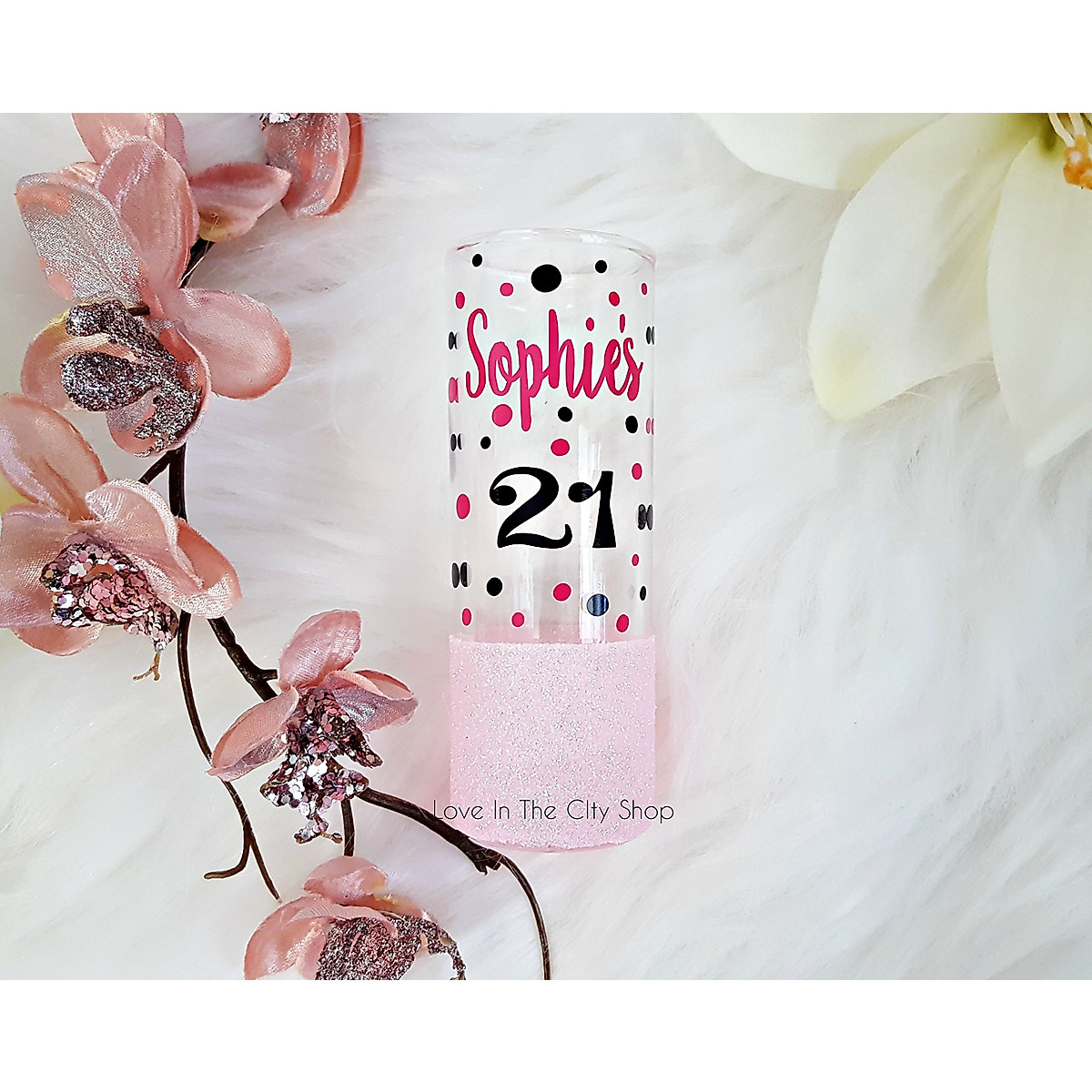 21st Birthday shot glass, the perfect 21st Birthday Gift for Her. Fully customized Glitter Shot Glass for the finally 21! Time for Fun!