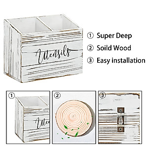 Wood Utensil Caddy for Kitchen Countertop, Utensil Holder with 2 Compartments, Wood utensil Crock for Kitchen Counter, Kitchen Utensil Organizer for Countertop, Rustic White