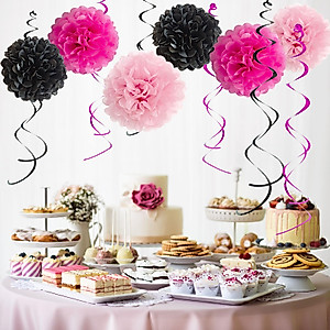 ANSOMO Pink and Black Happy Birthday Party Decorations for Girls Women Banner Hot Pink Balloons Pom Poms Swirls Décor Supplies 13th 16th 18th 20th 30th 40th 50th 60th 70th 80th