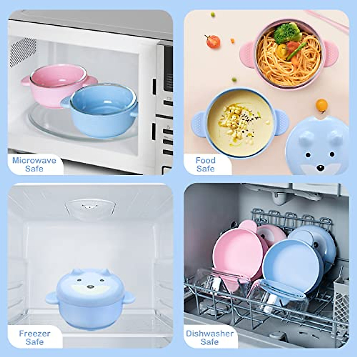 MAISON HUIS Baby Bowls with Suction for Toddlers, Silicone Bowls and Spoon Set for Babies Glass Bowl with Lid BPA Free Baby Led Weaning Supplies and Kids First Stage Feeding(Blue)