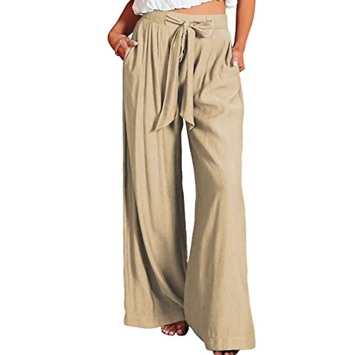 Dokotoo 2023 Casual Linen Women's Wide Leg Pants Stretch Drawstring Tie Back Elastic Waist Yoga Trousers Solid Spring Fall Workout Beach Resort Wear for Women Khaki XL